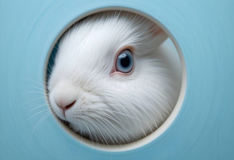 Curious White Rabbit Peeking through Round Blue Window Animal Portrait ...