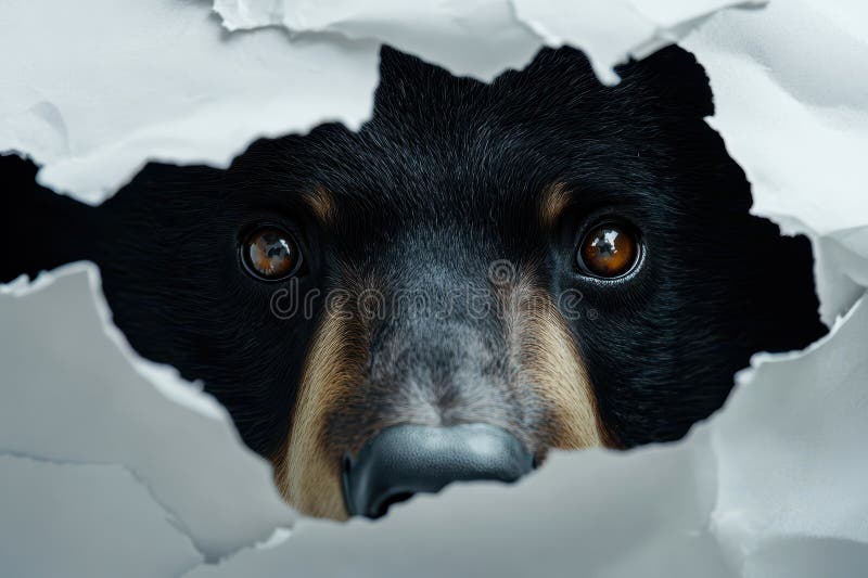 Curious Wild Black Bear Coming through Crack Hole in Solid Color ...