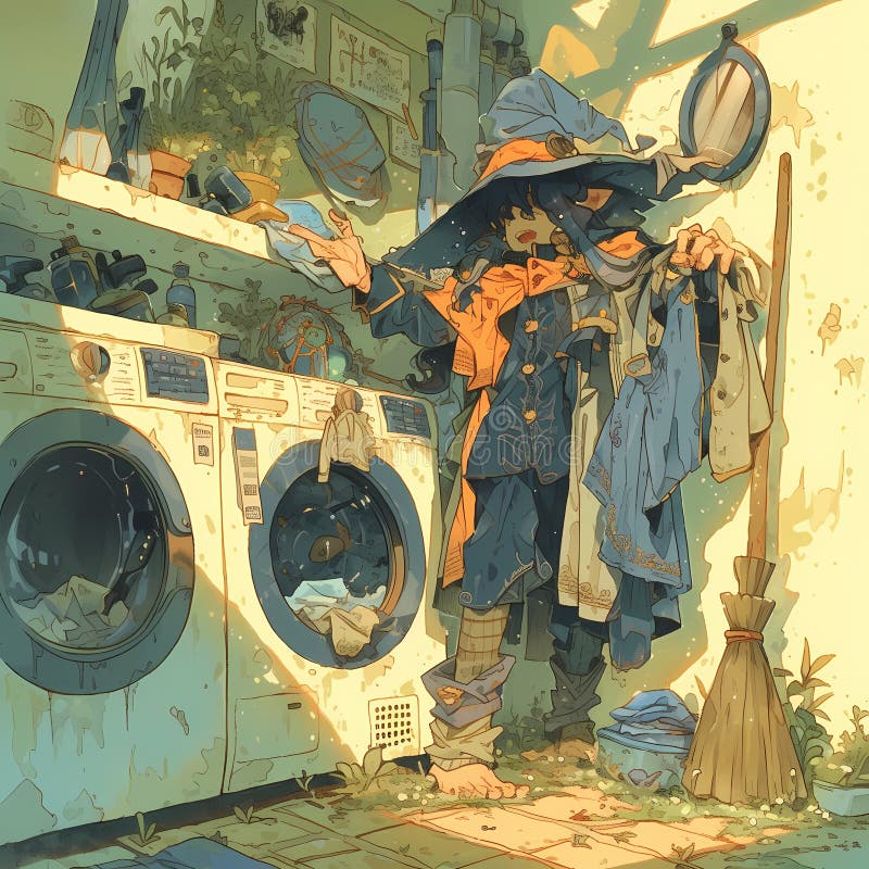 Curious Wizard in a Laundry Mishap Stock Illustration - Illustration of ...