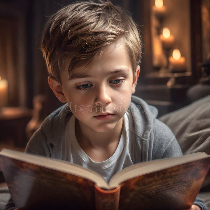 Curious Young Boy Wearing Glasses Reading a Book in Library Stock ...