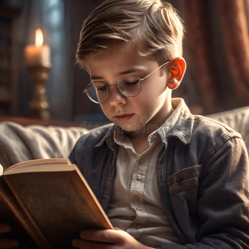 Curious Young Boy Wearing Glasses Reading a Book in Library Stock ...