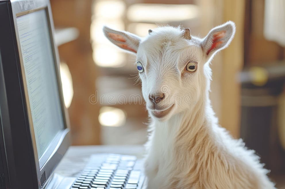 Curious Young Goat Exploring Technology, Sitting in Front of Desktop ...