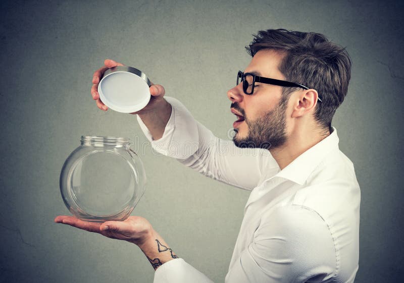 Curious Man Opens an Empty Glass Jar Stock Image - Image of freedom ...