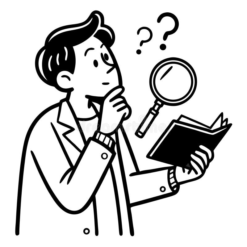 Curious Young Man Thinking with Magnifying Glass and Book Illustrating ...