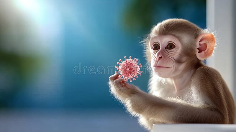 Curious Young Monkey Examining a Virus Model in Sunlit Setting Stock ...
