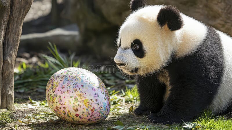 Curious Panda and Colorful Easter Egg in Springtime Setting Stock ...