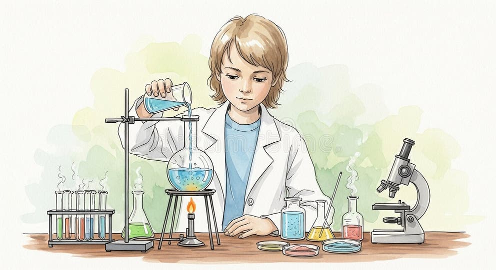 A Curious Young Student in a Lab Coat Performs a Chemistry Experiment, Pouring Liquid in a ...