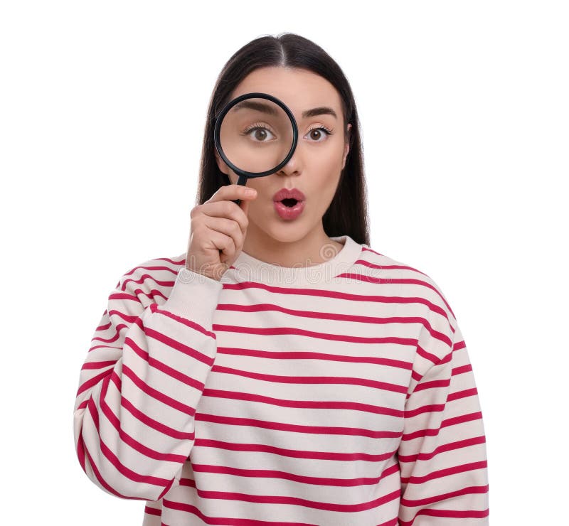 Curious Young Woman Looking through Magnifier Glass on White Background ...