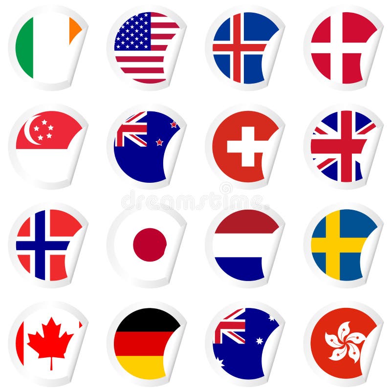 Curled Corner Stickers Set with Flags of the Most Developed Countries ...