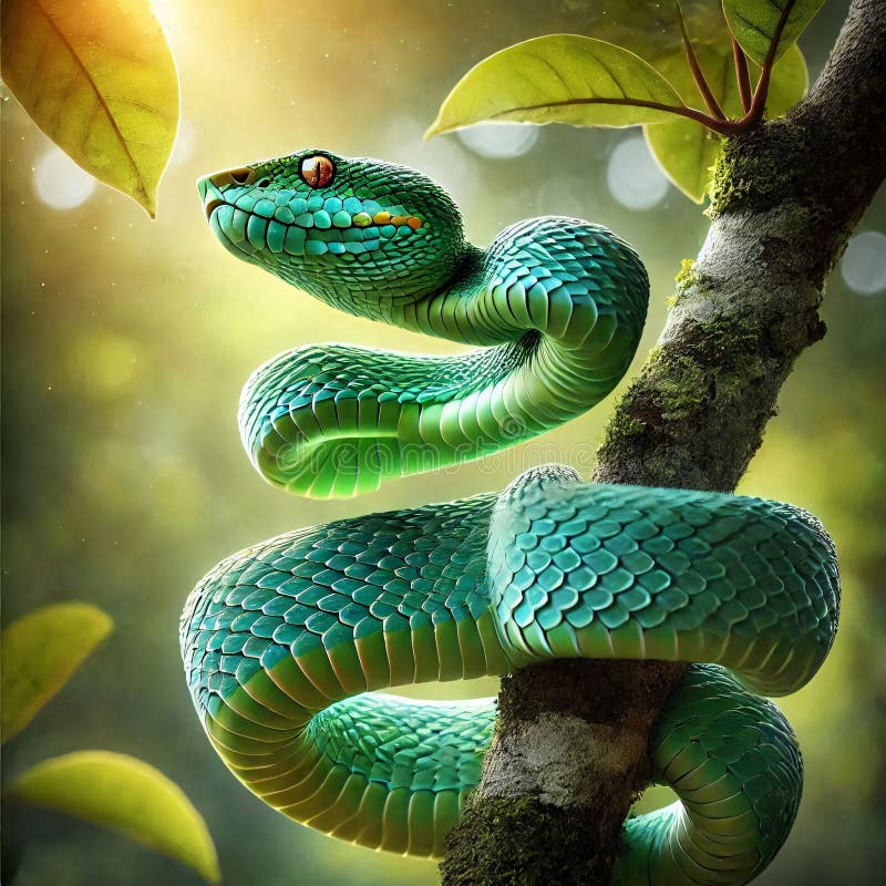 Curled Up Green Snake on Tree Generative for AI Stock Illustration ...