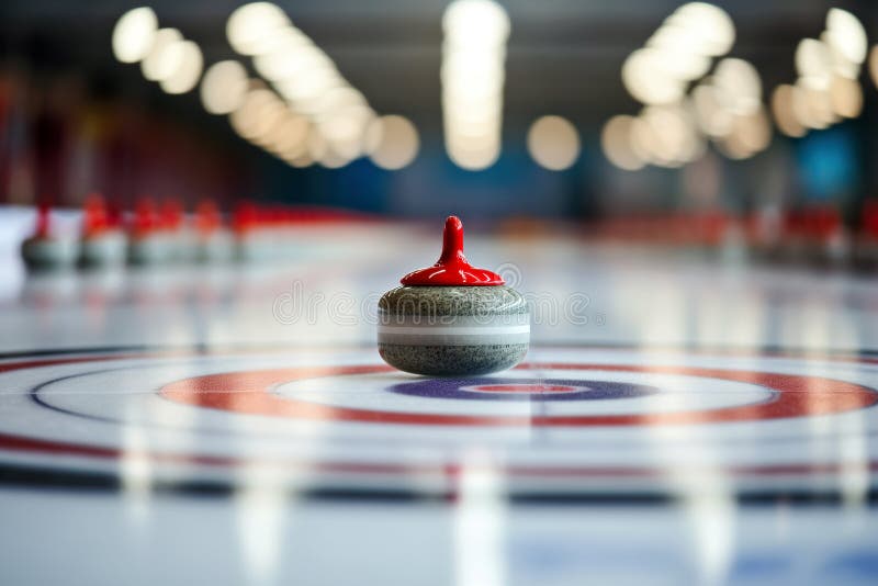 Curling Stone Sliding on the Ice with a Focused View of the Target ...