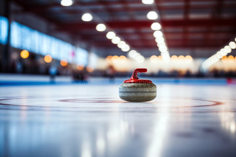 Curling Stone Sliding on the Ice with a Focused View of the Target ...