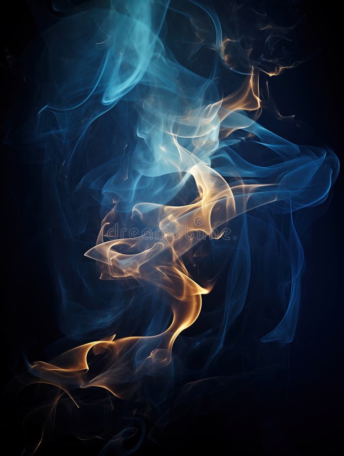 Curls of Glowing Fire and Light Blue Smoke on Black Background ...