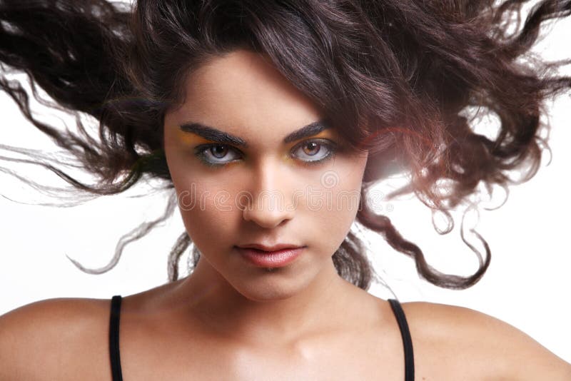 Curly black hair on wind. stock image. Image of hair, model - 6627555