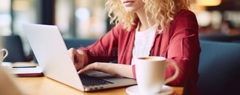 Curly Blonde Female Freelancer Working, Browsing on Her Notebook ...
