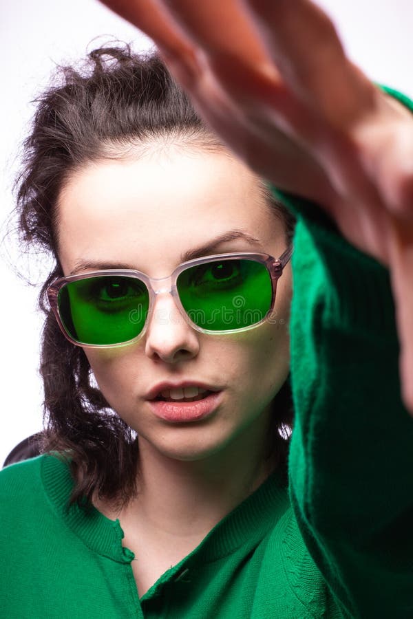 Curly Brunette Woman In Green Glasses And Green Cardigan Stock Image Image Of Female Woman