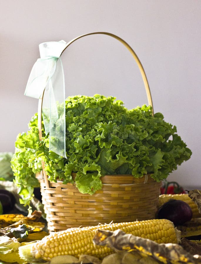 Curly Green Salad in a Basket and Other Vegetables Stock Image - Image ...