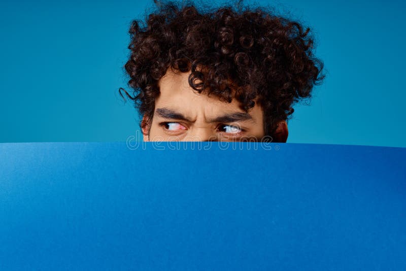 Curly Guy Blue Banner Round Plan Copy Space Studio Stock Photo - Image ...