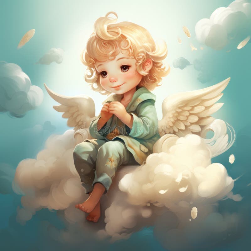 Curly-haired Angel Sitting on Cloud Stock Illustration - Illustration ...