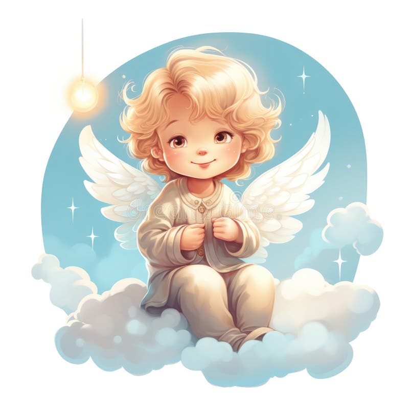 Curly-haired Angel Sitting on Cloud Stock Illustration - Illustration ...