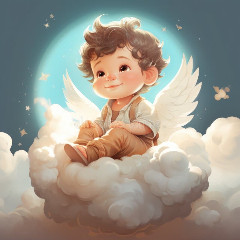 Curly-haired Angel Sitting on Cloud Stock Illustration - Illustration ...
