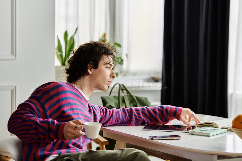 Curly Haired Non Binary Student Relaxing Stock Photo - Image of casual, apartment: 365567572