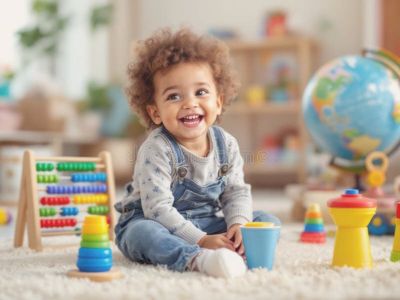 A Curly-headed Child Plays Educational Games Sitting on the Floor of ...