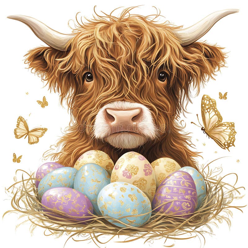 Curly Highland Calf Surrounded by Glittering Easter Decorations Stock ...