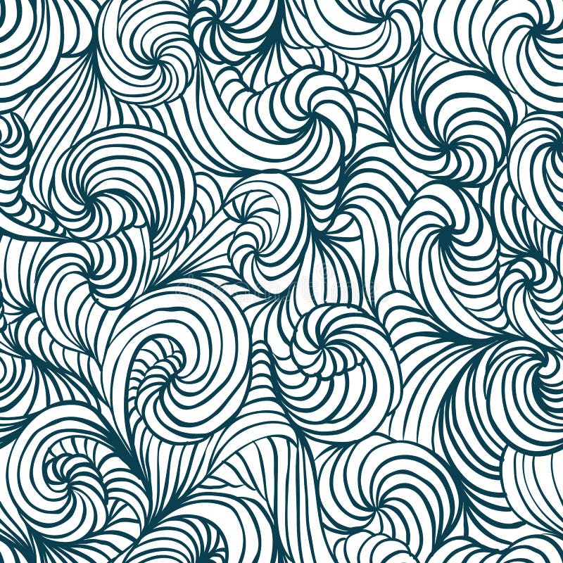 Curly Lines Seamless Pattern, Hand Drawn Monochrome Vector Background ...