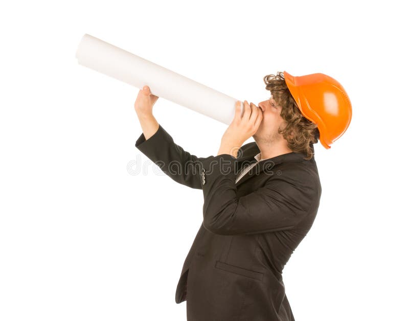 Curly Male Engineer Announcing Using Blueprint Stock Image - Image of ...