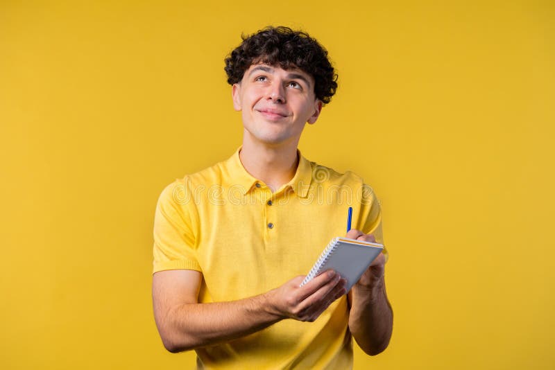 Curly Man Writing Notes in Planner with Pen. Student Guy Writes Future ...
