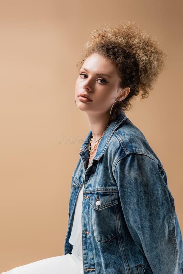 Curly Model in Denim Jacket Looking Stock Image - Image of jeans, denim ...