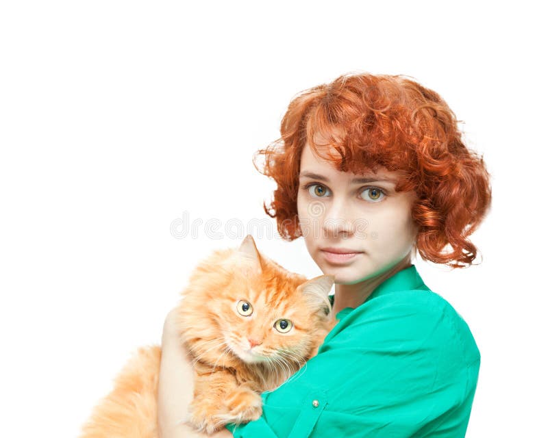Curly Red-haired Girl with a Red Cat Isolated Stock Image - Image of ...