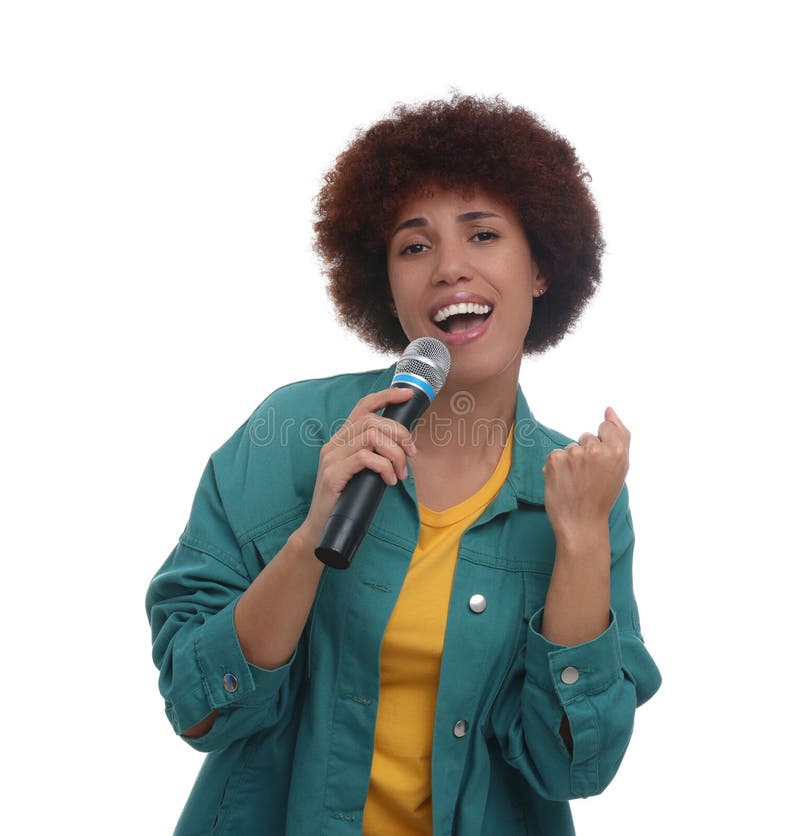 Curly Young Woman with Microphone Singing on White Background Stock ...