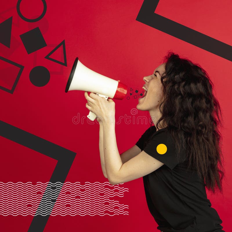 Curly Young Woman Screaming into Megaphone Surrounded by Geometric ...
