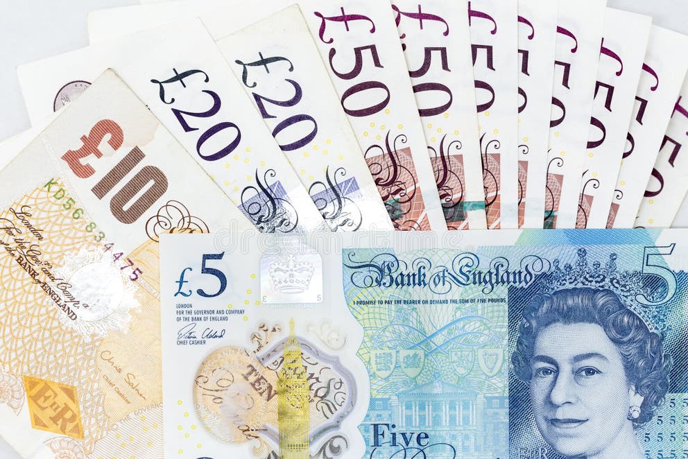 Currency Banknotes Spread Across Frame British Pound Sterling in ...