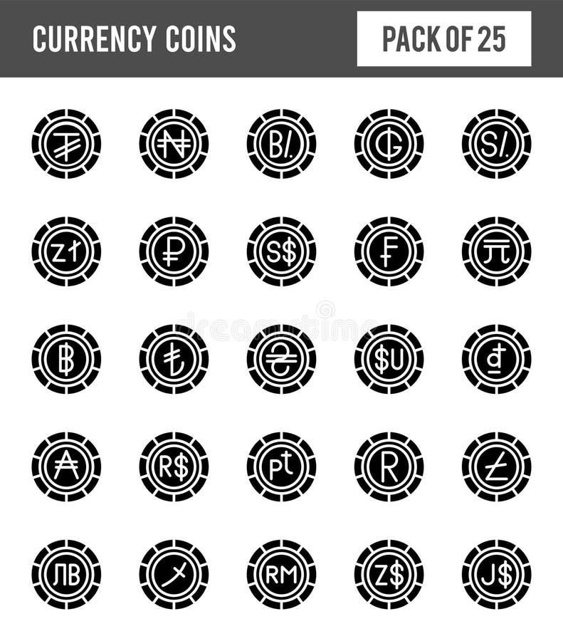 25 Currency Coins Glyph Icon Pack. Vector Illustration Stock Vector ...