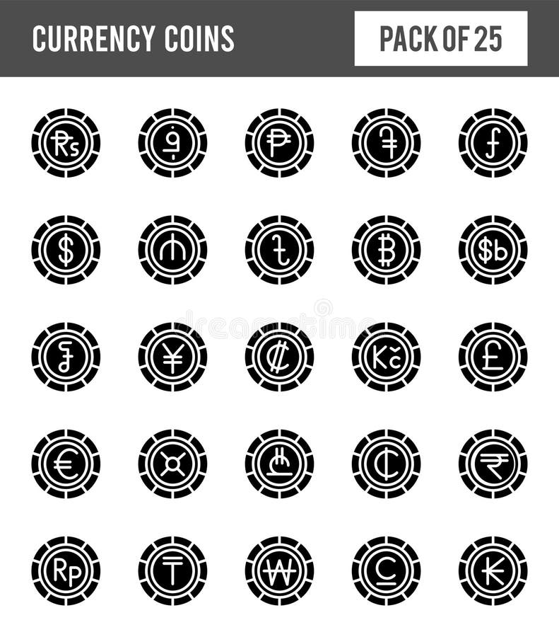 25 Currency Coins Glyph Icon Pack. Vector Illustration Stock Vector ...