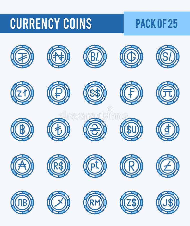 25 Currency Coins. Two Color Icons Pack. Vector Illustration Stock ...