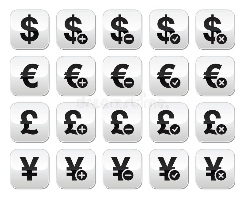 Currency Exchange Symbols - Bank Notes and Coins Icons Set Stock ...