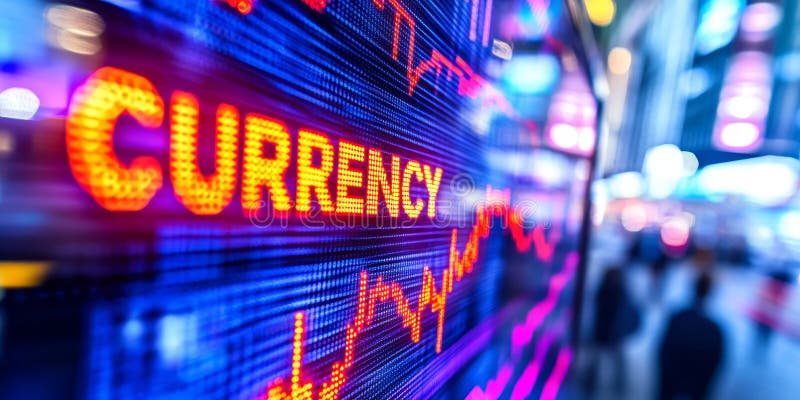 Currency Exchange Rates Displayed on a Digital Board with Blurred City ...