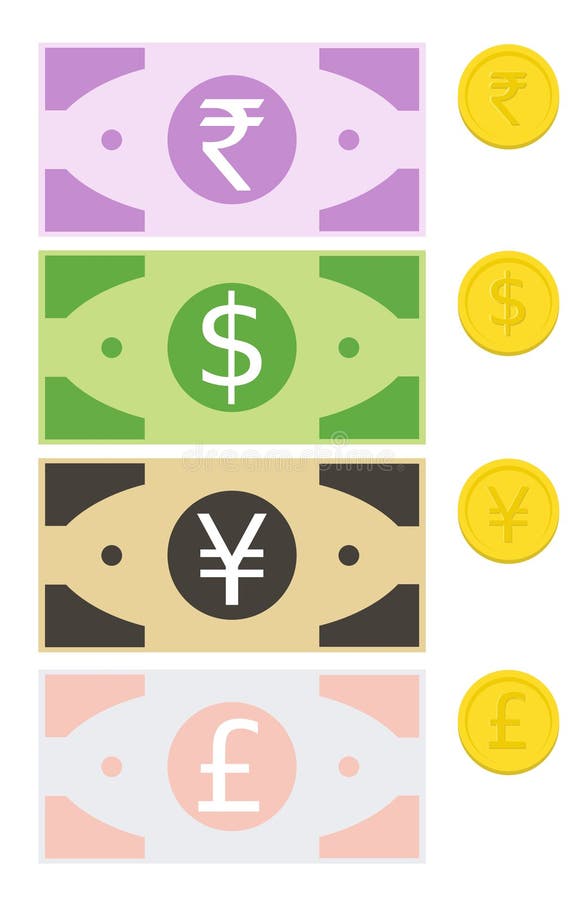 Money, Currency Notes Coins Vector, Rupee, Dollar, Yen, Pound, Vector ...