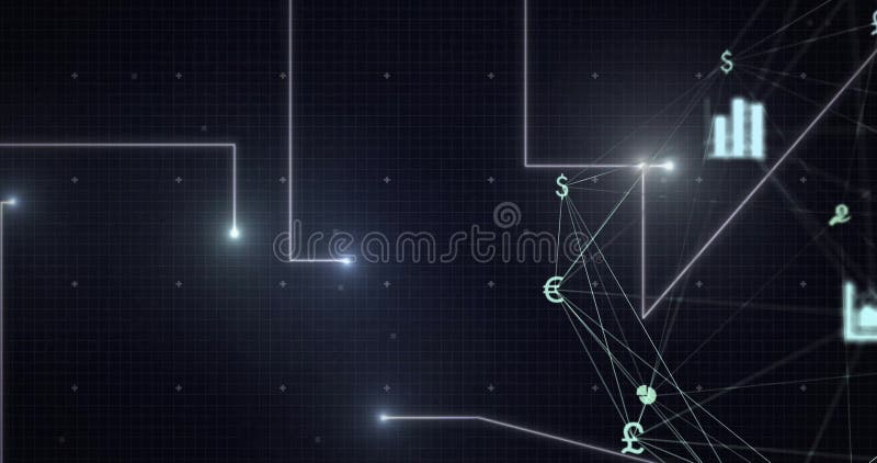 Currency Symbols and Data Visualization Animation Over Dark Grid ...