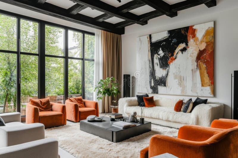 A Current Living Room Design with Ample Windows and Warm, Cozy Decor ...