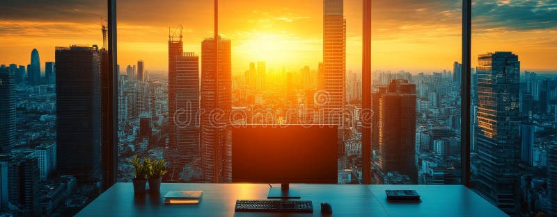 A Current Office Setup with a Computer, Keyboard, and a Potted Plant ...