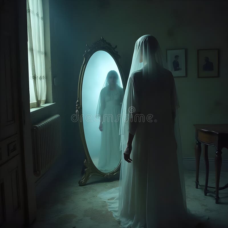 Cursed Mirror Reflecting a Ghostly Figure in a Dark Room Stock Image ...