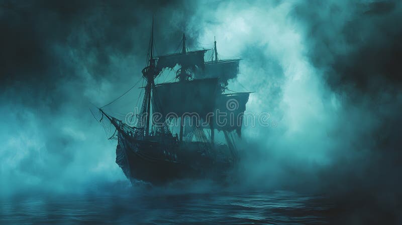 Cursed Pirate Ship Sailing through an Eerie Sea Stock Illustration ...