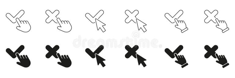 Cursor Click Hand and Arrow with X Line and Solid Icon Set. Interactive Pointer and Cross Symbol ...