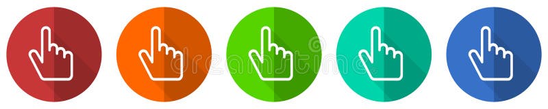 Cursor Hand Icon Set, Red, Blue, Green and Orange Flat Design Web ...