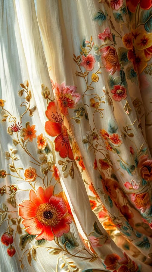 Curtain Blossoms with Intricate Floral Patterns Under the Warm Sunlight ...